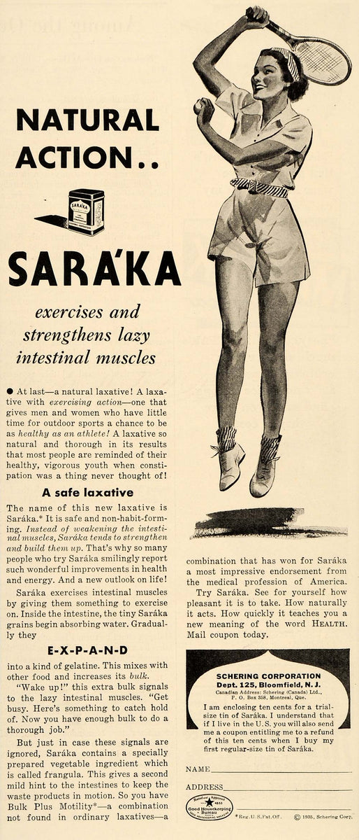 1935 Ad Saraka Laxative Woman Tennis Player Schering - ORIGINAL ADVERT ...