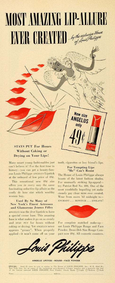 1942 Ad Louis Philippe Cosmetics Lipstick Angelus Beauty Makeup Rouge ...