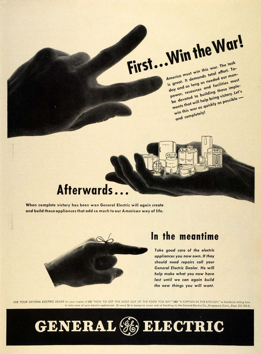 1942 Ad World War II General Electric Appliances Production Effort Rat ...