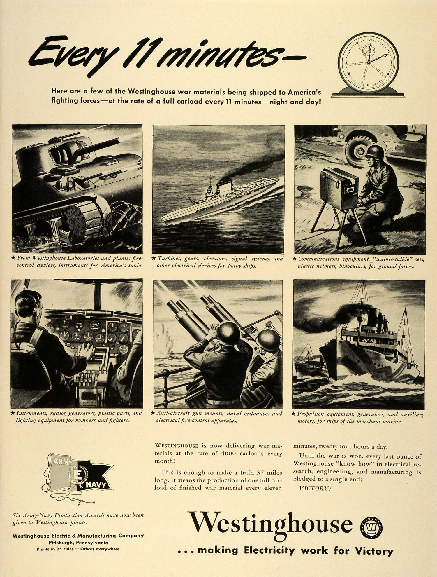 1942 Ad Westinghouse Electric World War II Army Navy Battle Soldiers T ...