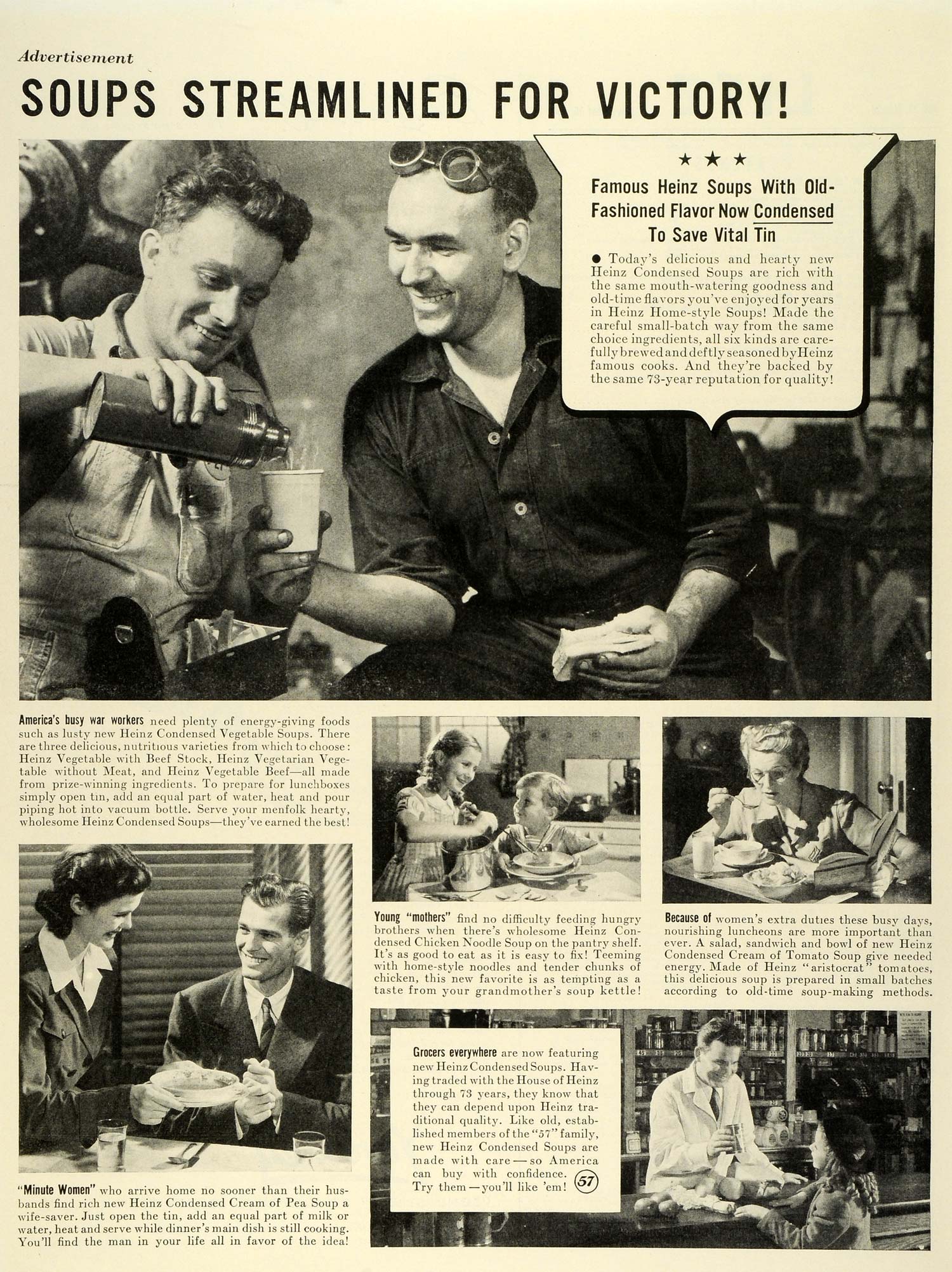 1942 Ad Heinz 57 Condensed Soups World War II Rations Workers Food Eat ...