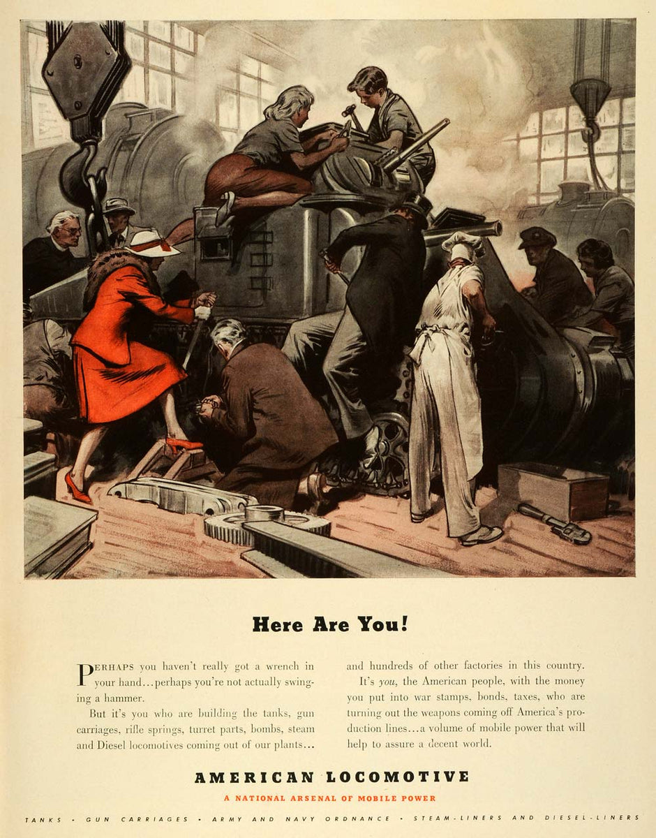 1942 Ad American Locomotive WWII War Production Efforts Civilian Workf ...