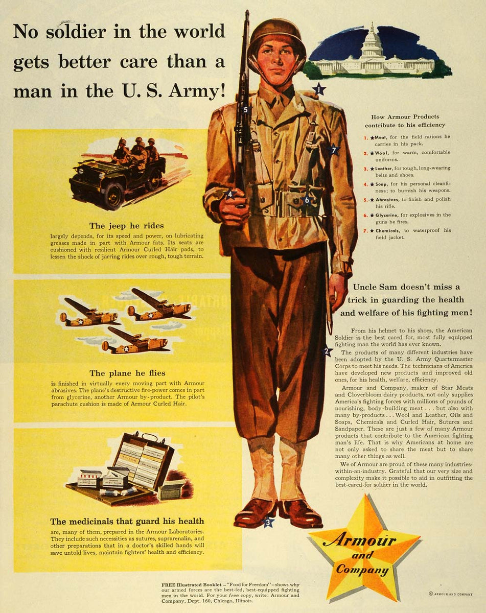 1943 Ad Armour Meat War Production Contributions Army Soldier WWII LF4 ...
