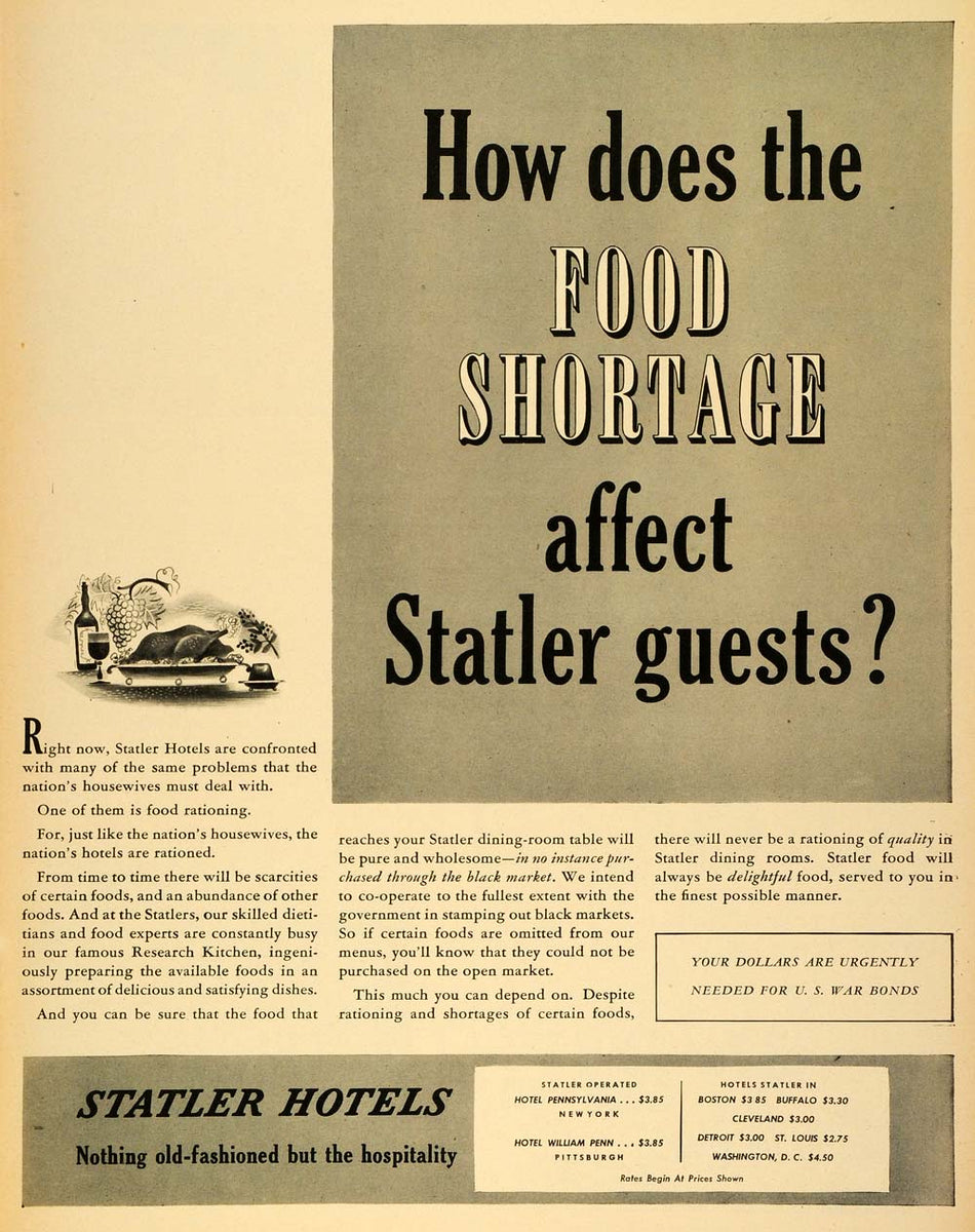 1943 Ad Statler Hotel Chain WWII Food Shortage Rationing Conservation ...