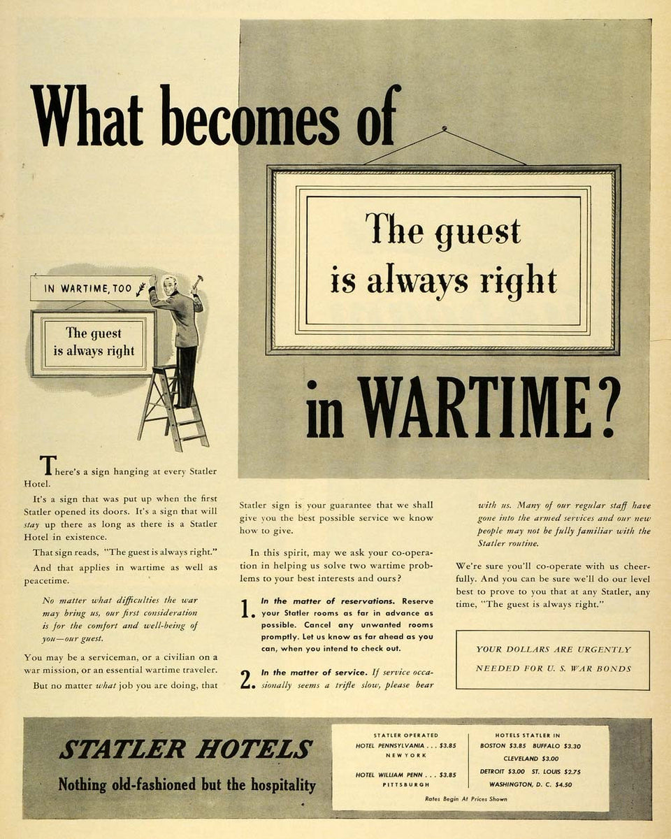 1943 Ad Statler Hotel Chain WWII Servicemen Military Lodging Rates War ...