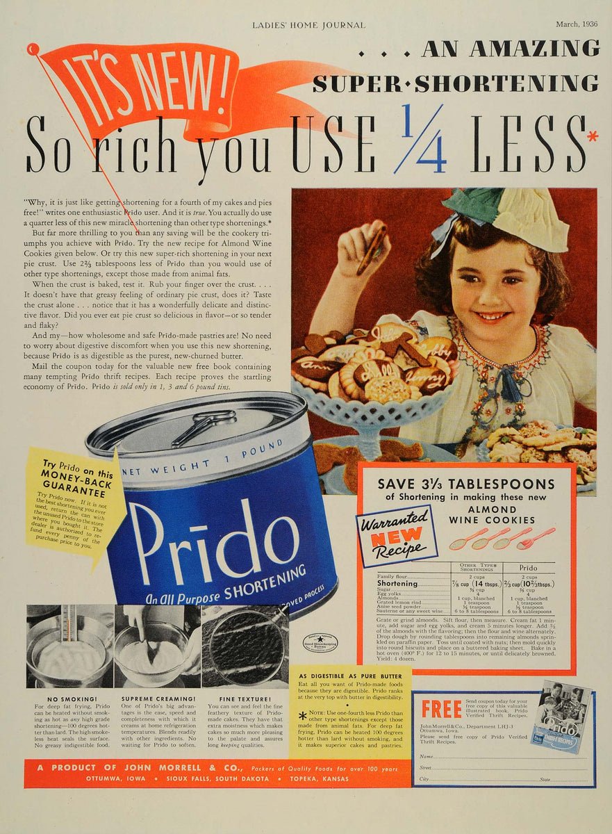 1936 Ad Prido All Purpose Shortening Child In Cookies - ORIGINAL LHJ2 ...