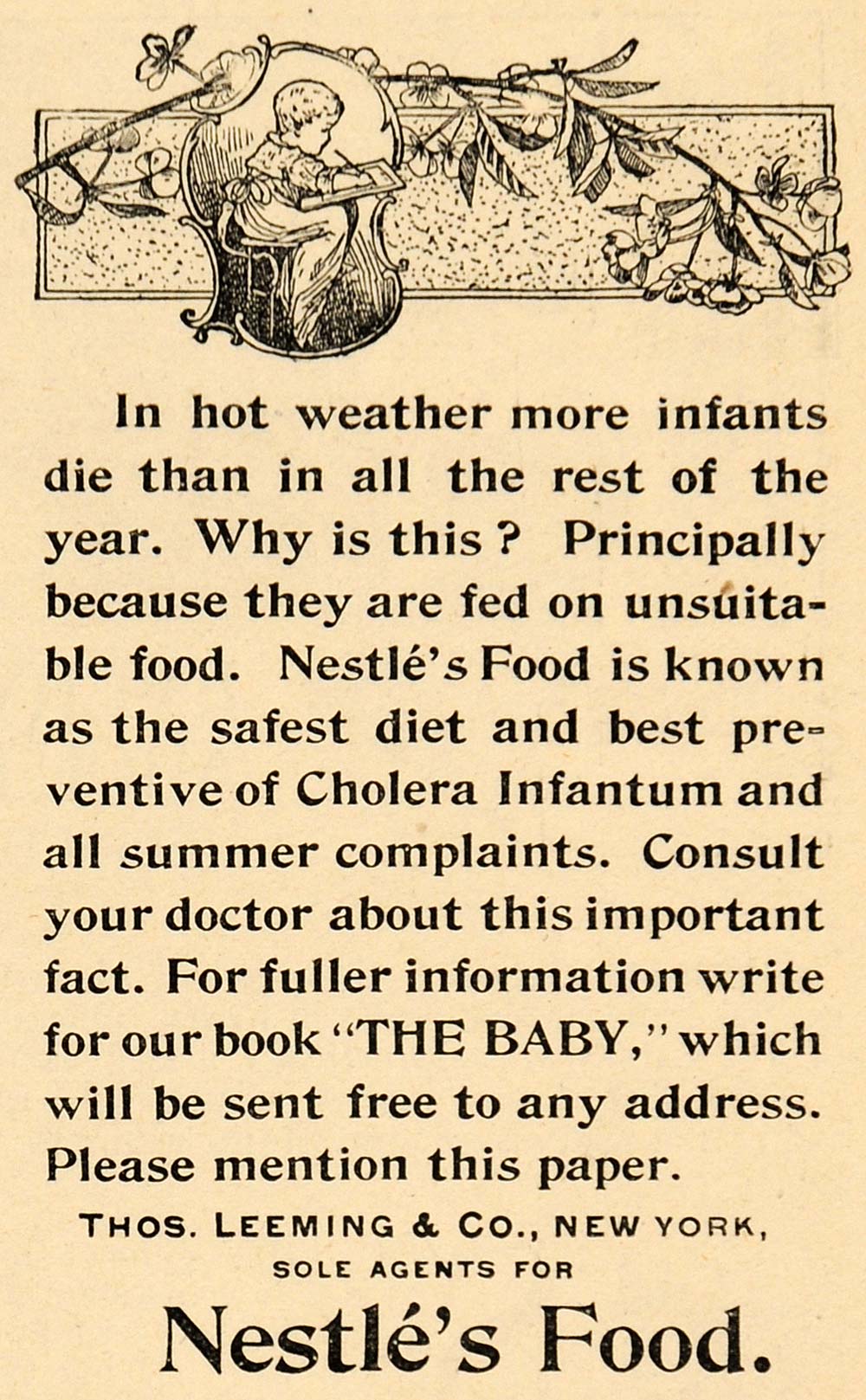 1892 Ad Thomas Leeming Nestle's Baby Food Cholera NY - ORIGINAL ADVERT ...