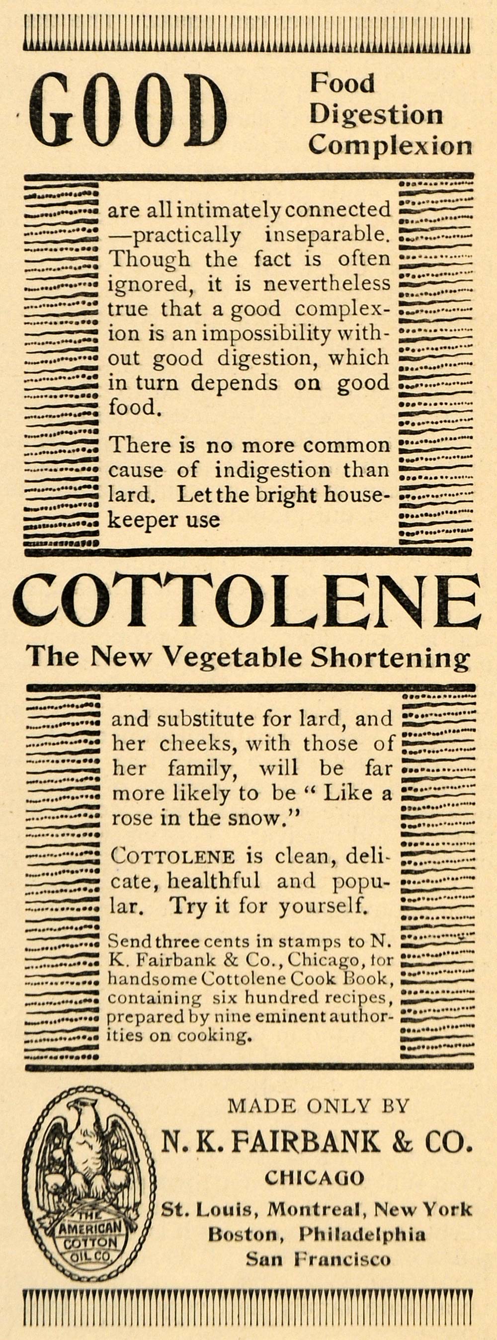 1893 Ad N K Fairbank Cottolene Vegetable Shortening Digestion Complexi ...