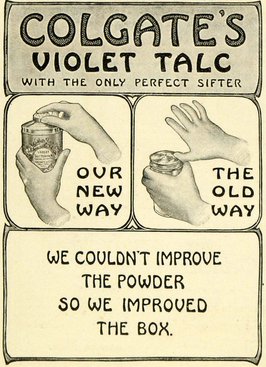 1905 Ad Colgate Violet Talcum Powder Sifter Canister Bath Shaker Beaut ...