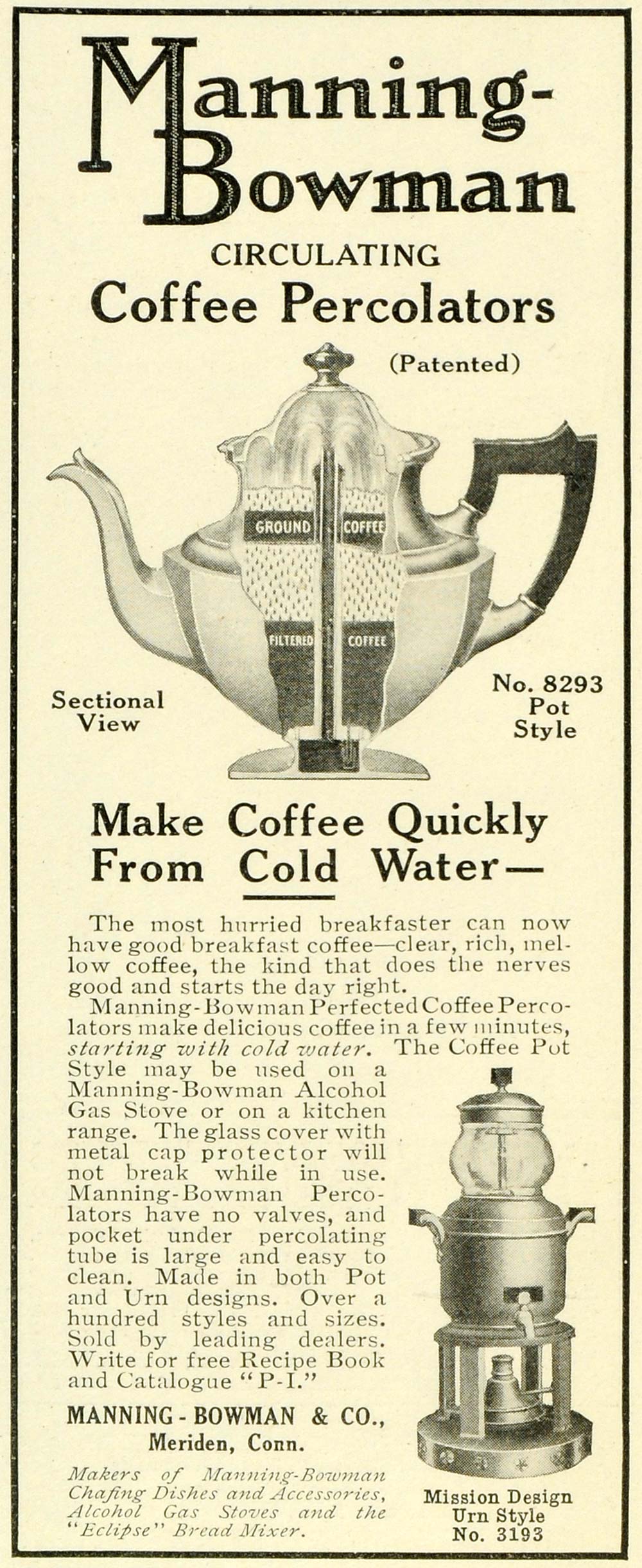 1911 Ad Manning-Bowman Coffee Pot Percolators Kitchen Brew Appliance L ...