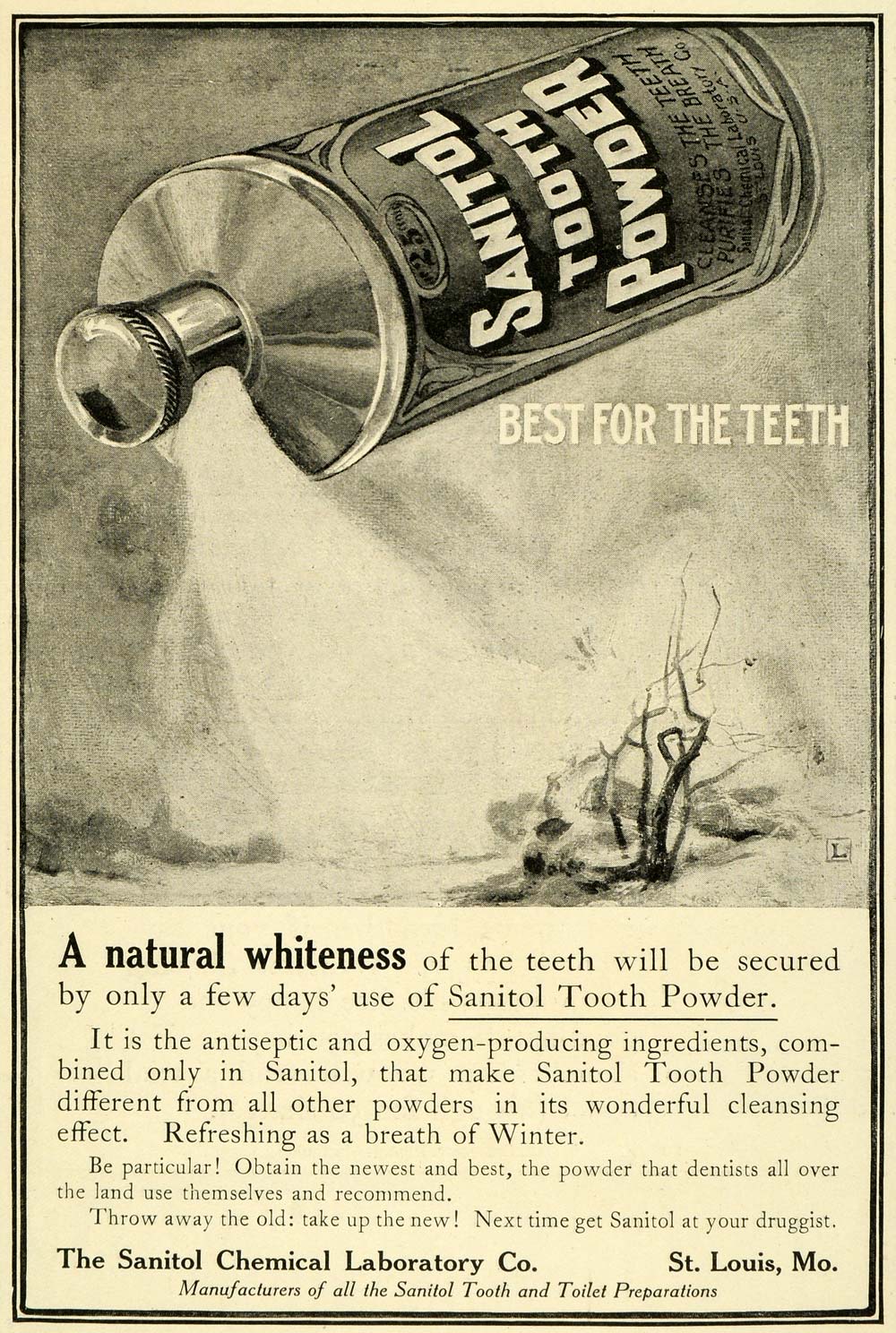 1906 Ad Sanitol Chemical Tooth Powder Mouth Antiseptic Cleaner Dental ...