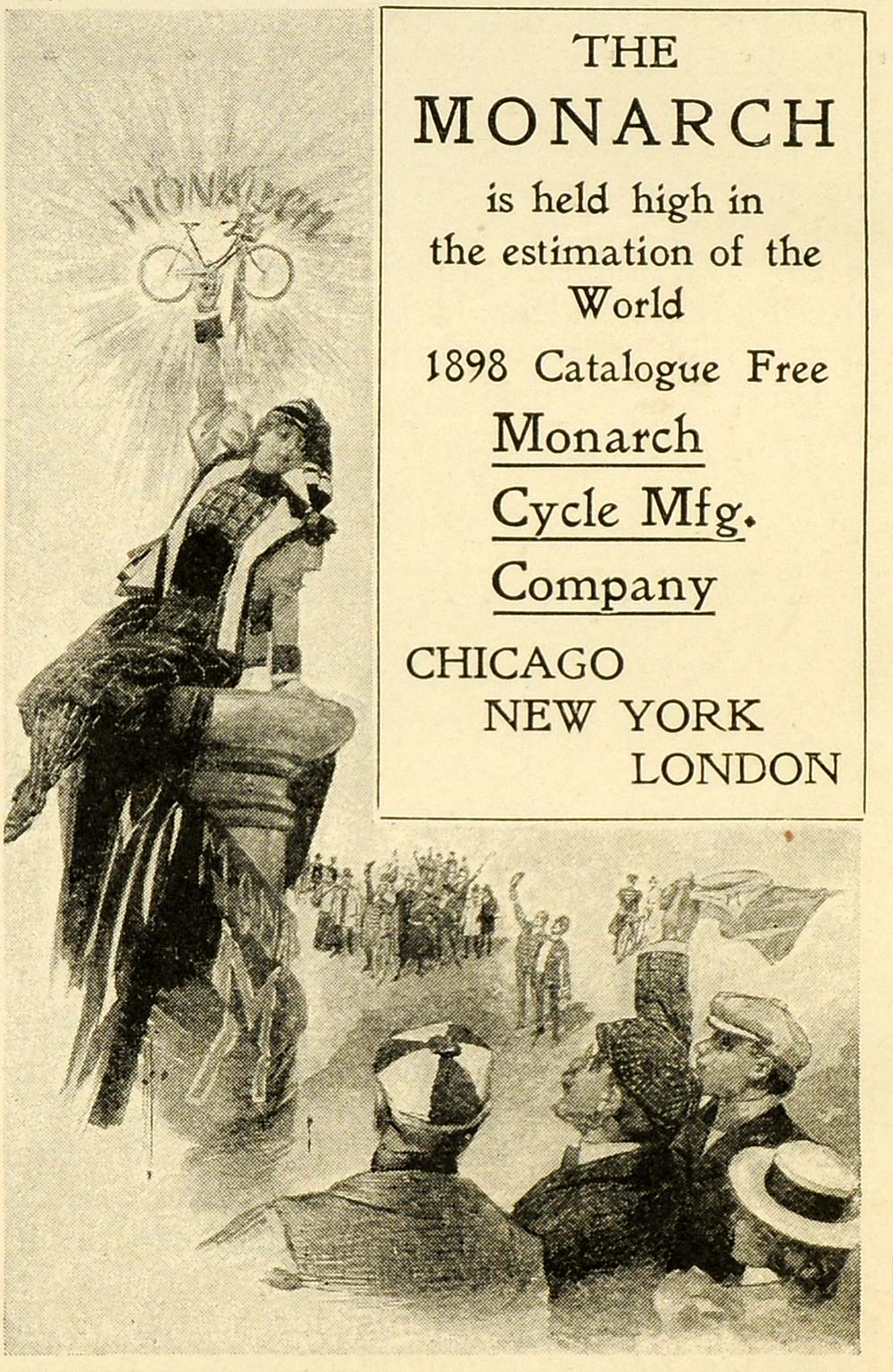 1898 Ad Monarch Cycle Manufacturing Pillar Beacon Torch Boy Crowd Men ...