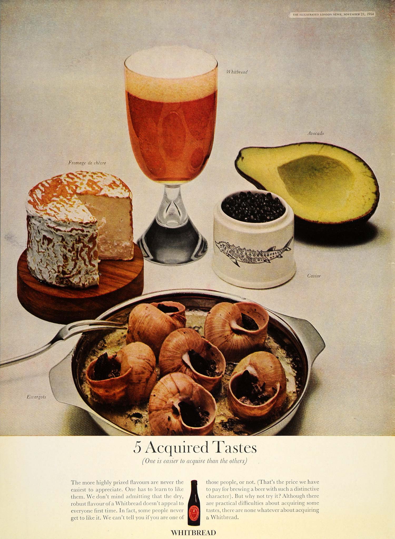 1964 Ad Whitbread Beer Caviar Escargots Goat Cheese - ORIGINAL ADVERTI ...