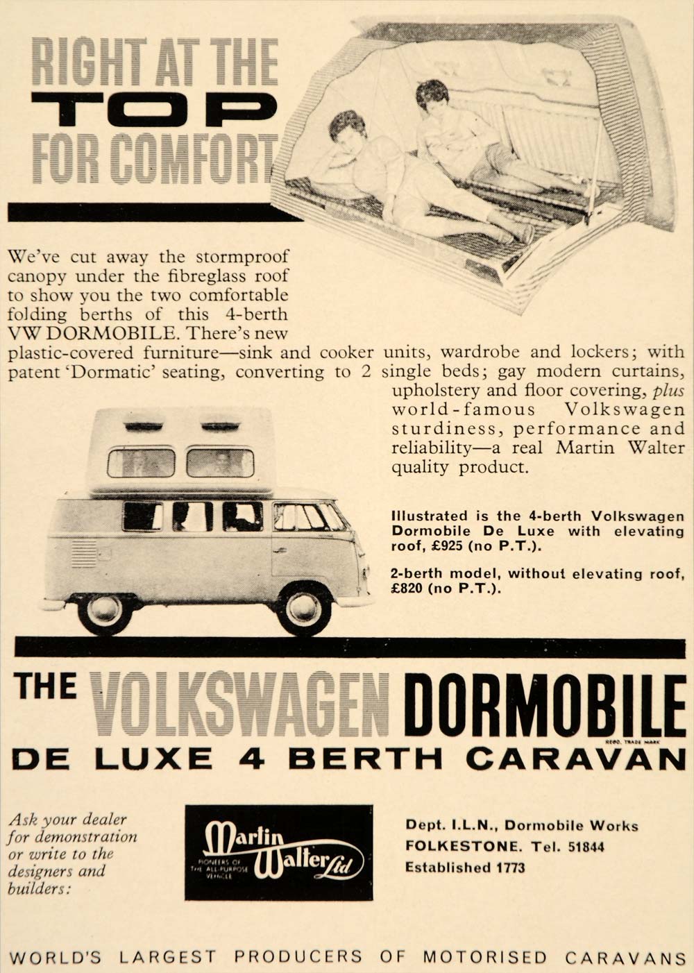 1963 Ad Volkswagen Dormobile Caravan VW 4-Berth Camper - ORIGINAL LN1 ...