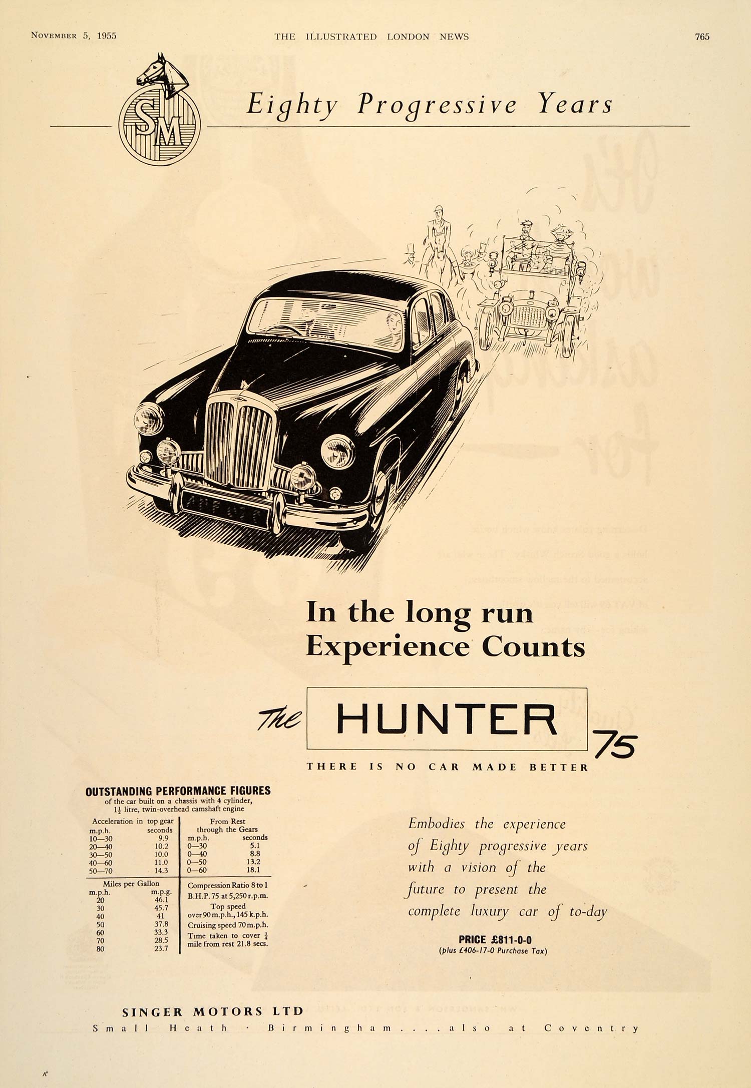 1955 Ad Singer Hunter 75 Sedan British Car Automobile - ORIGINAL ADVER ...