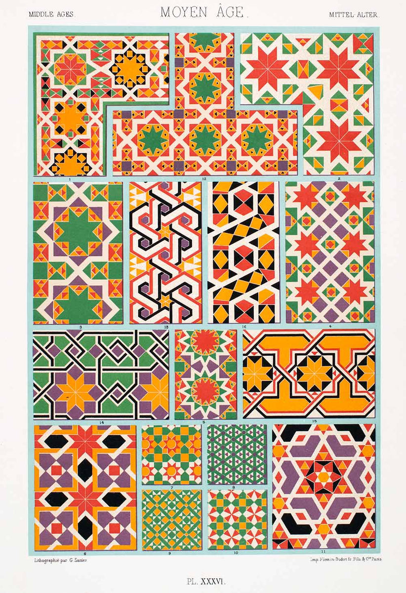 1875 Chromolithograph Medieval Geometric Pattern Motif 12th Century Mo ...