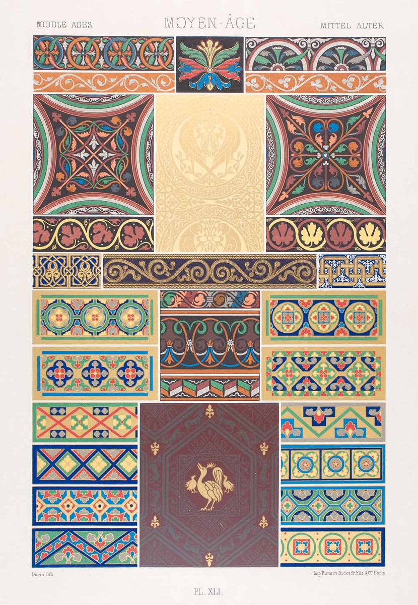 1875 Chromolithograph Medieval French Design Border Motif Pattern Geom ...