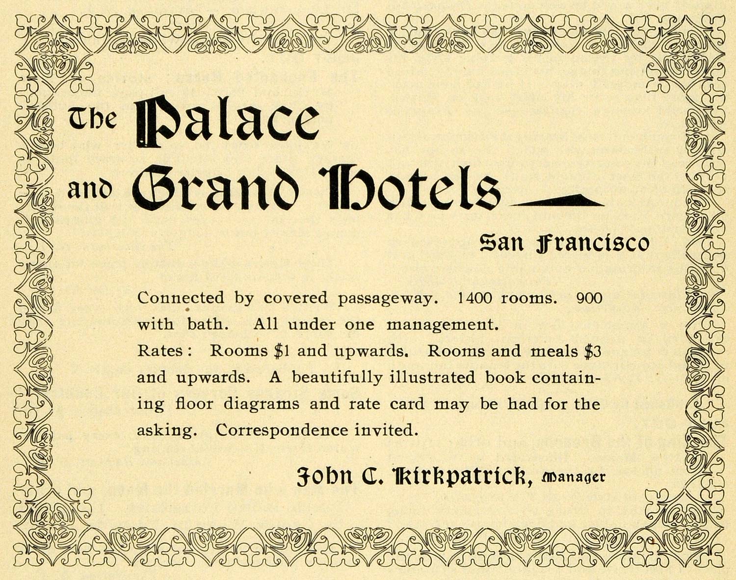 1898 Ad Palace Grand Hotels J. Kirkpatric San Francisco - ORIGINAL LOS ...