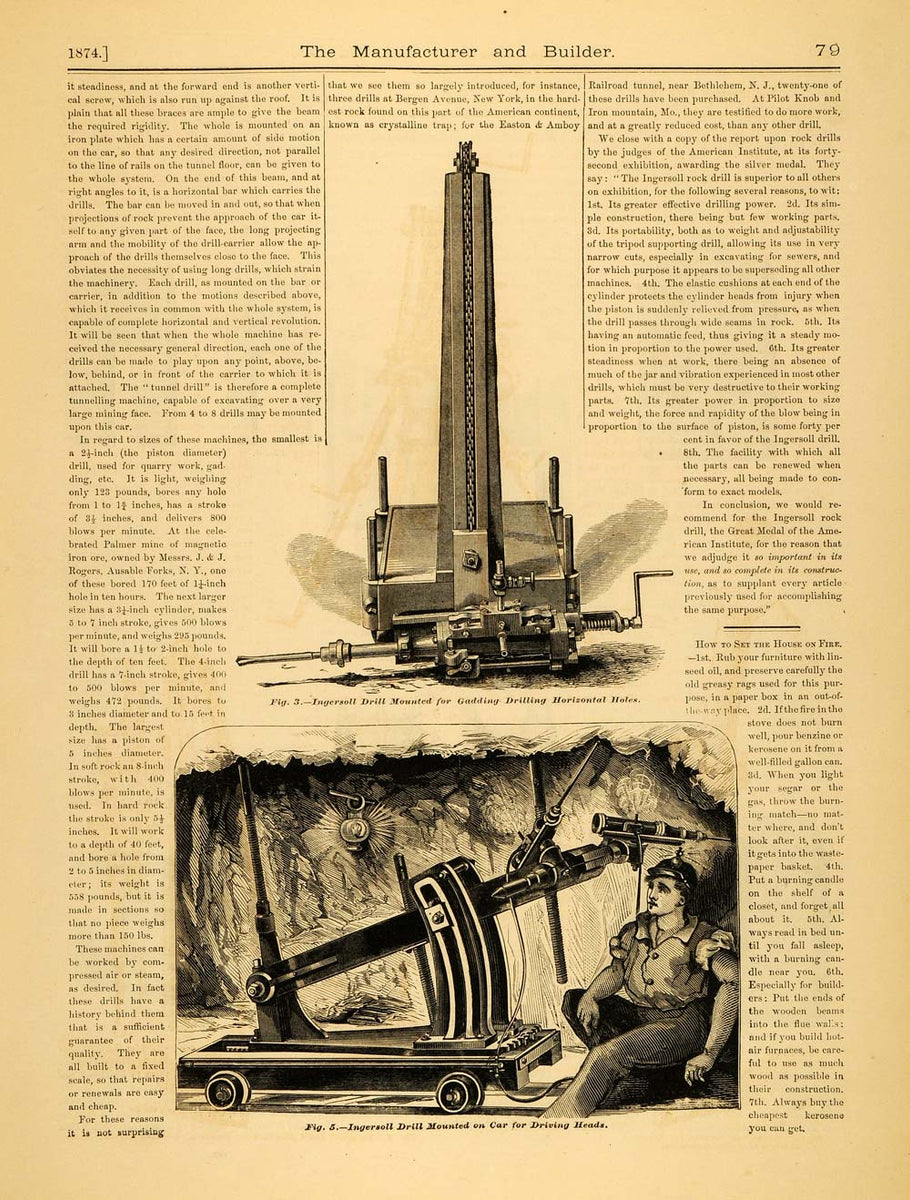1874 Article Ingersoll Rock Drill Tripod Antique Machine Mine Mining M ...