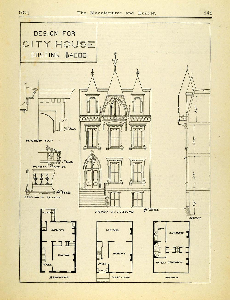 1874 Print Victorian Architecture City House Floor Plan Design Front M ...