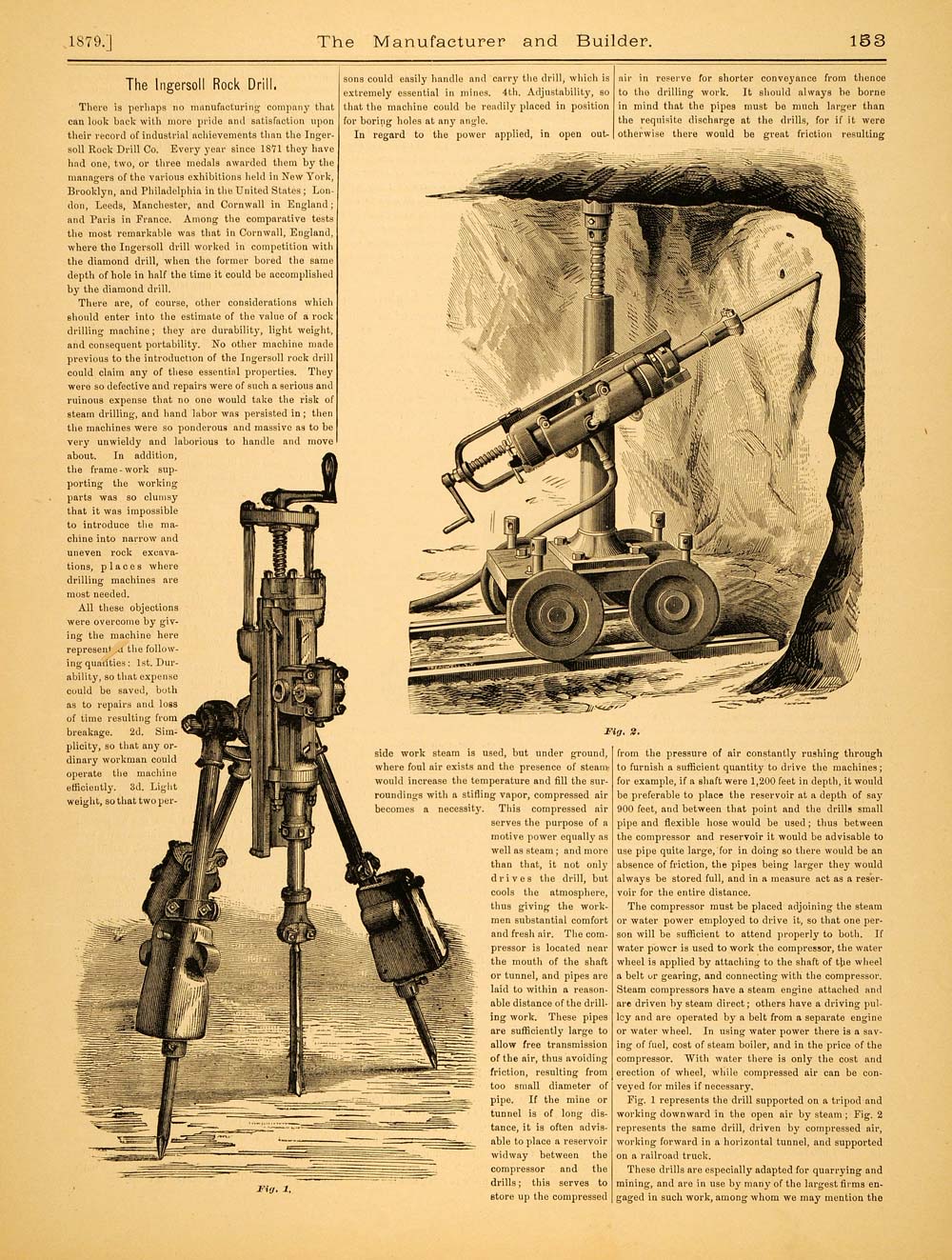 1879 Article Ingersoll Rock Drill Vintage Apparatus Machine Park Place ...