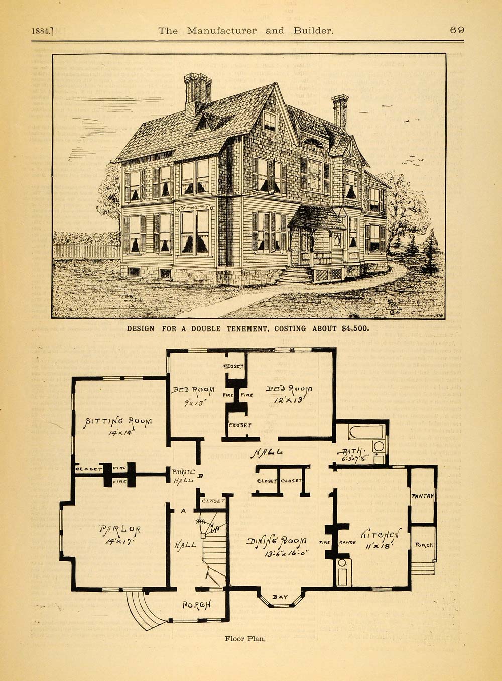 1884 Print Augustus Howe Victorian Architecture Apartment House Flat F ...