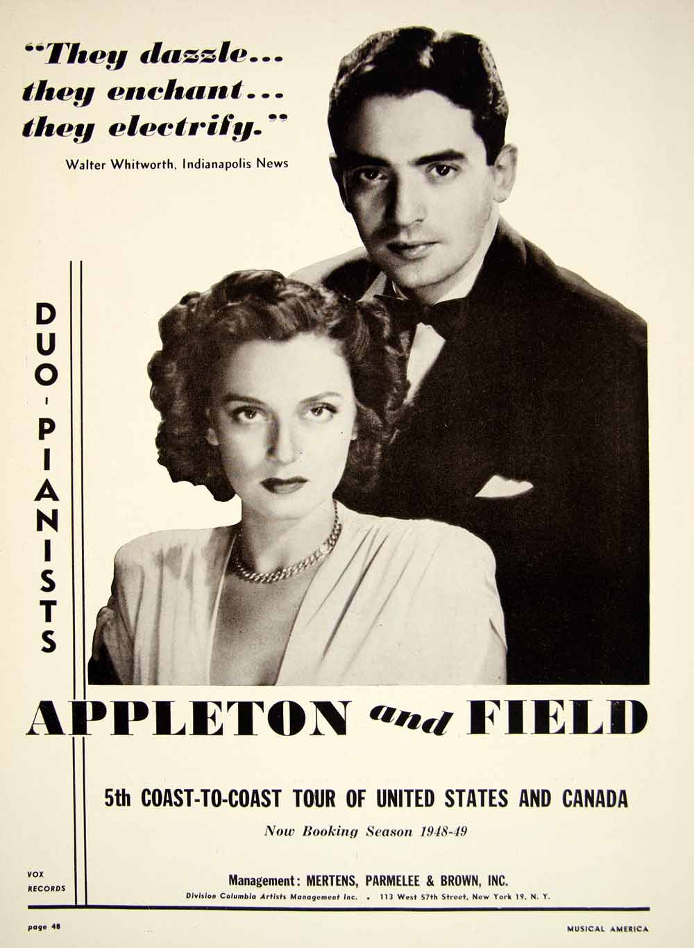 1948 Booking Ad Appleton Field Piano Duo Pianists Musical Entertainmen ...