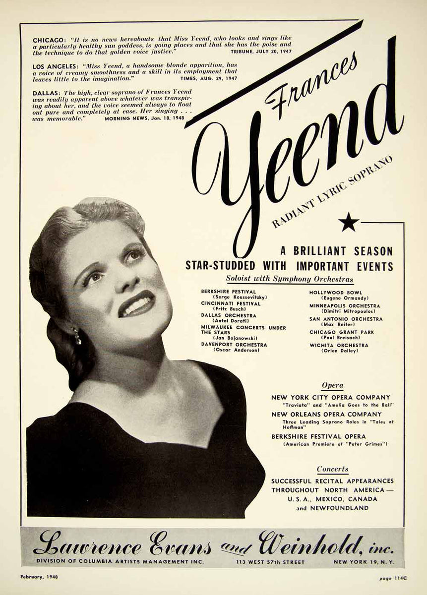 1948 Booking Ad Frances Yeend Soprano Singer Opera Concert Soloist Mus ...