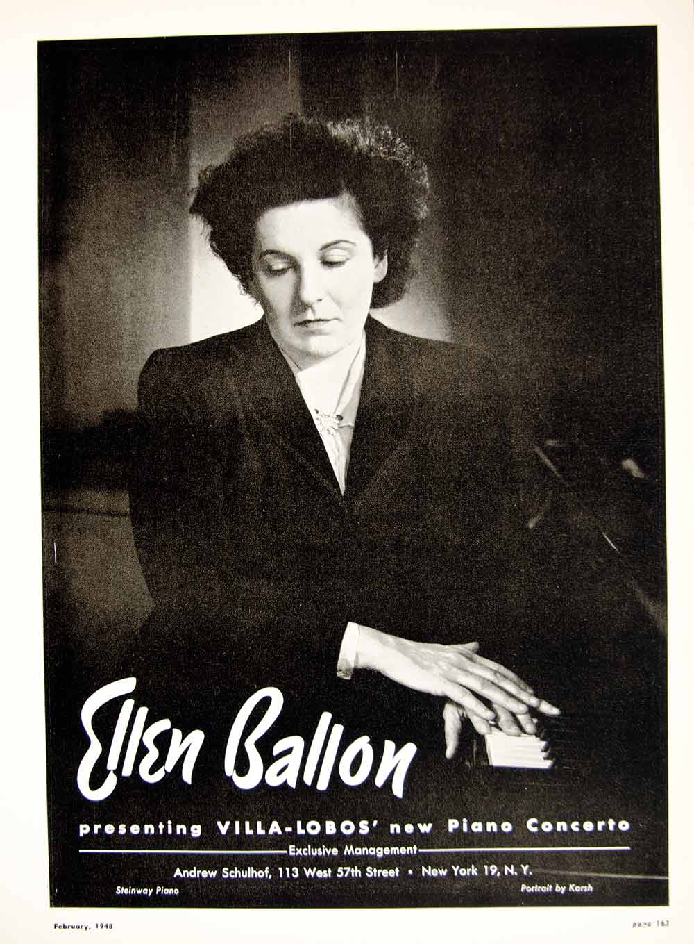 1948 Booking Ad Ellen Ballon Canadian Pianist Piano Music Portrait Kar ...