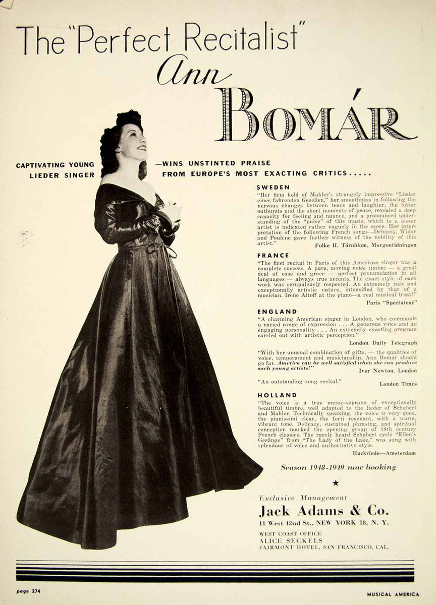 1948 Booking Ad Ann Bomar Lieder Singer Concert Recital Music Critic R ...