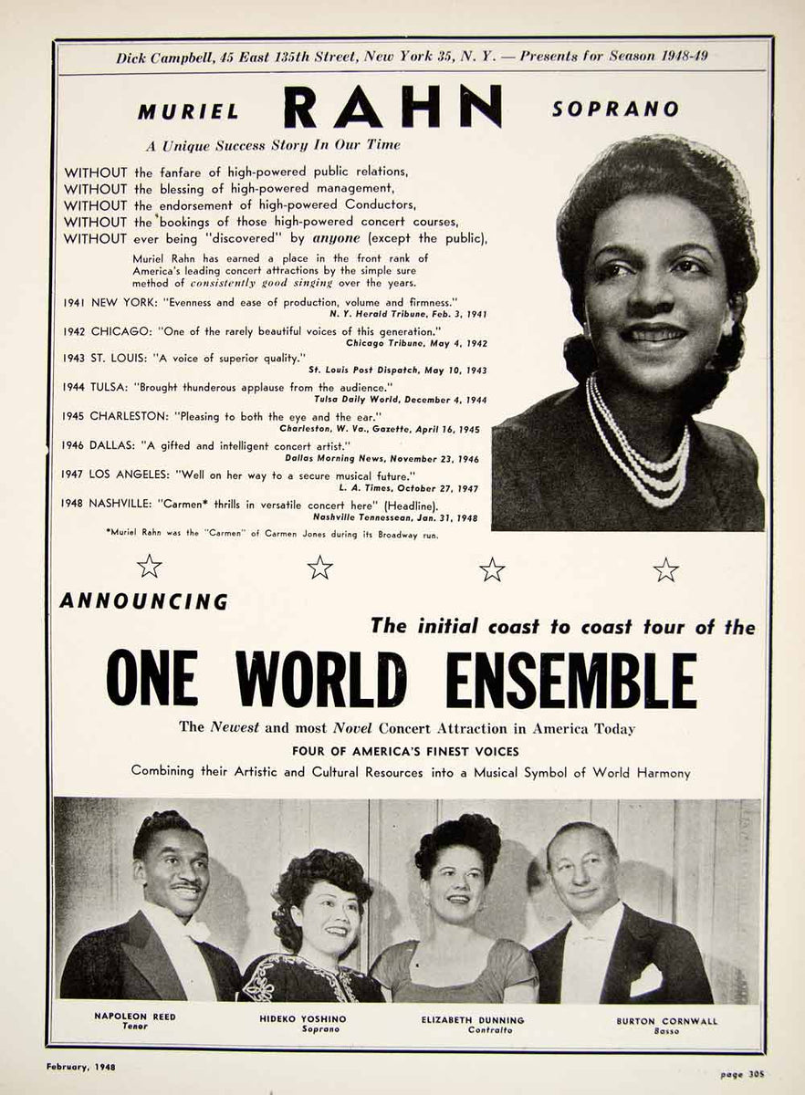 1948 Booking Ad Muriel Rahn Soprano One World Ensemble Black Americana ...