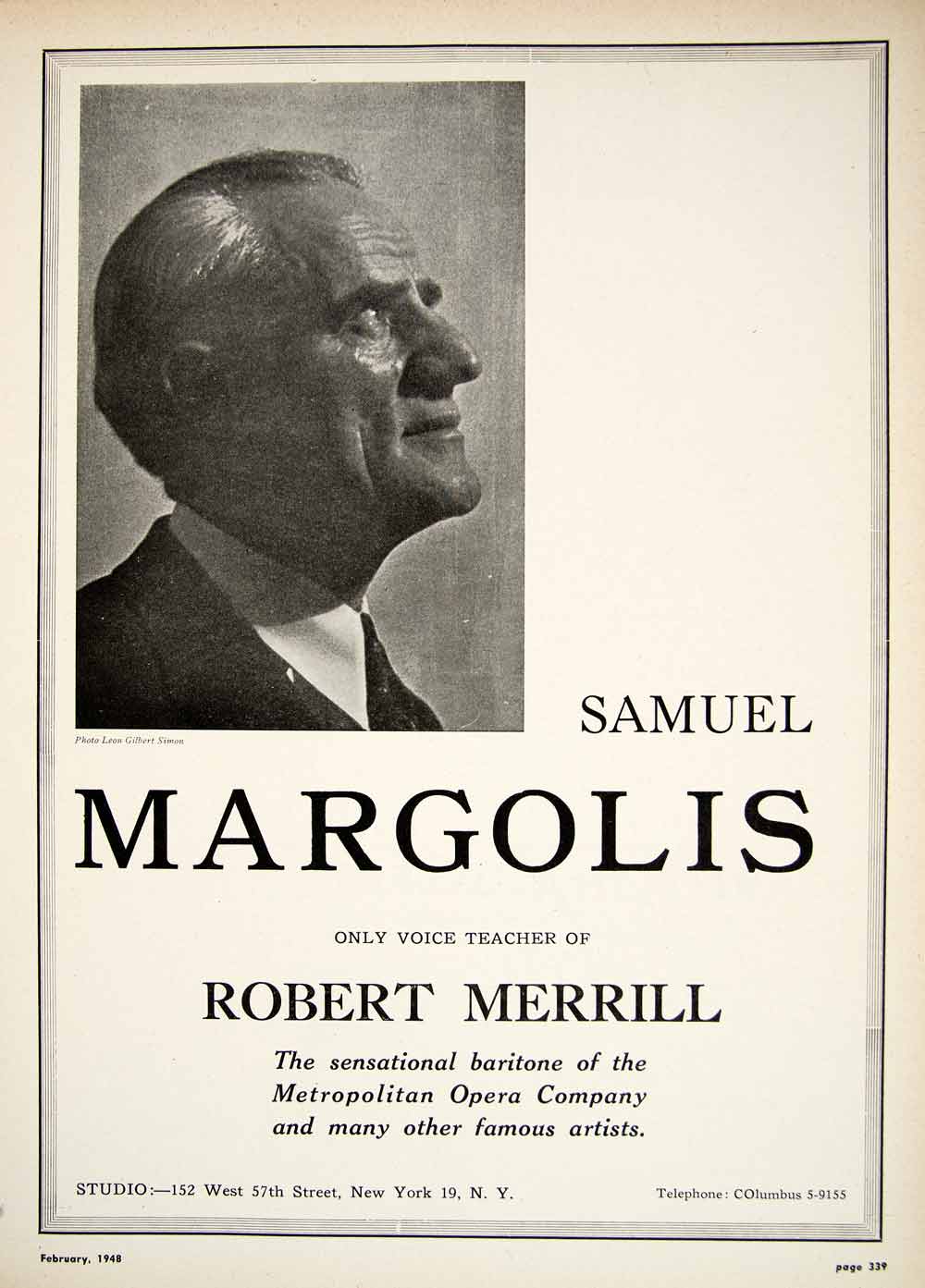1948 Ad Samuel Margolis Voice Opera Teacher Studio 152 W 57th Street N – Period Paper Historic ...