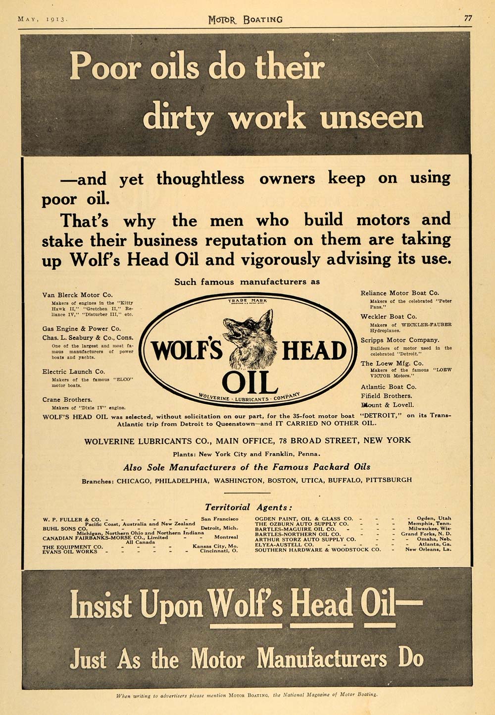 1913 Ad Wolf's Head Motor Boat Oil Wolverine Lubricants - ORIGINAL MB2 ...