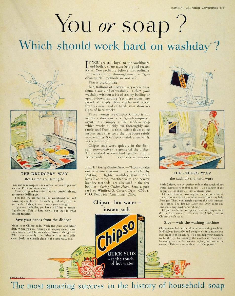 1928 Ad Chipso Quick Suds Clothing Soap Detergent Clean - ORIGINAL MCC ...