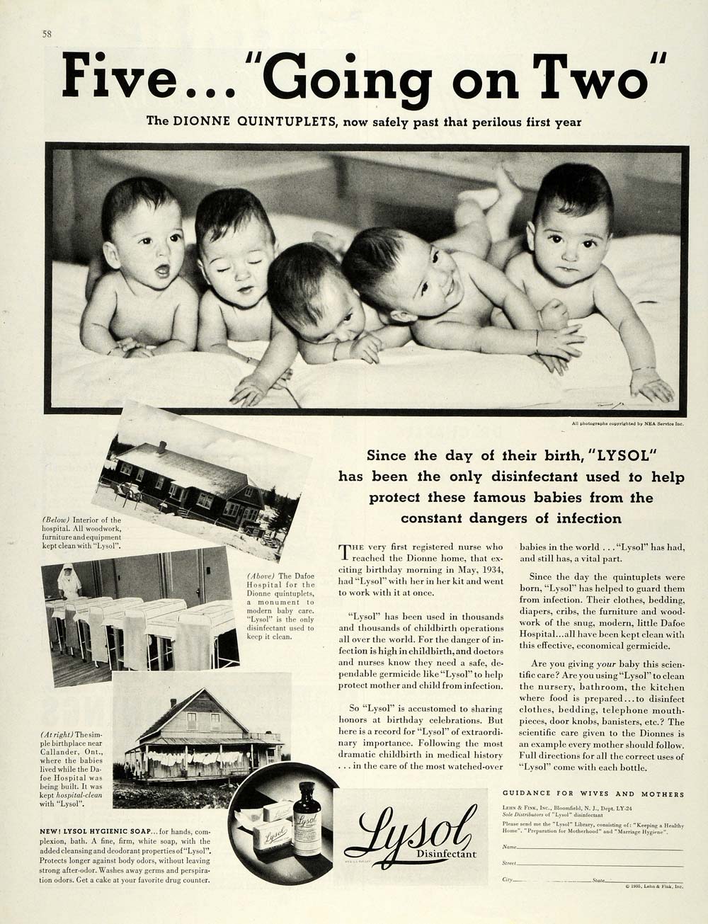 1935 Ad Lehn Fink Lysol Disinfectant Dionne Quintuplets Babies Sanitat ...