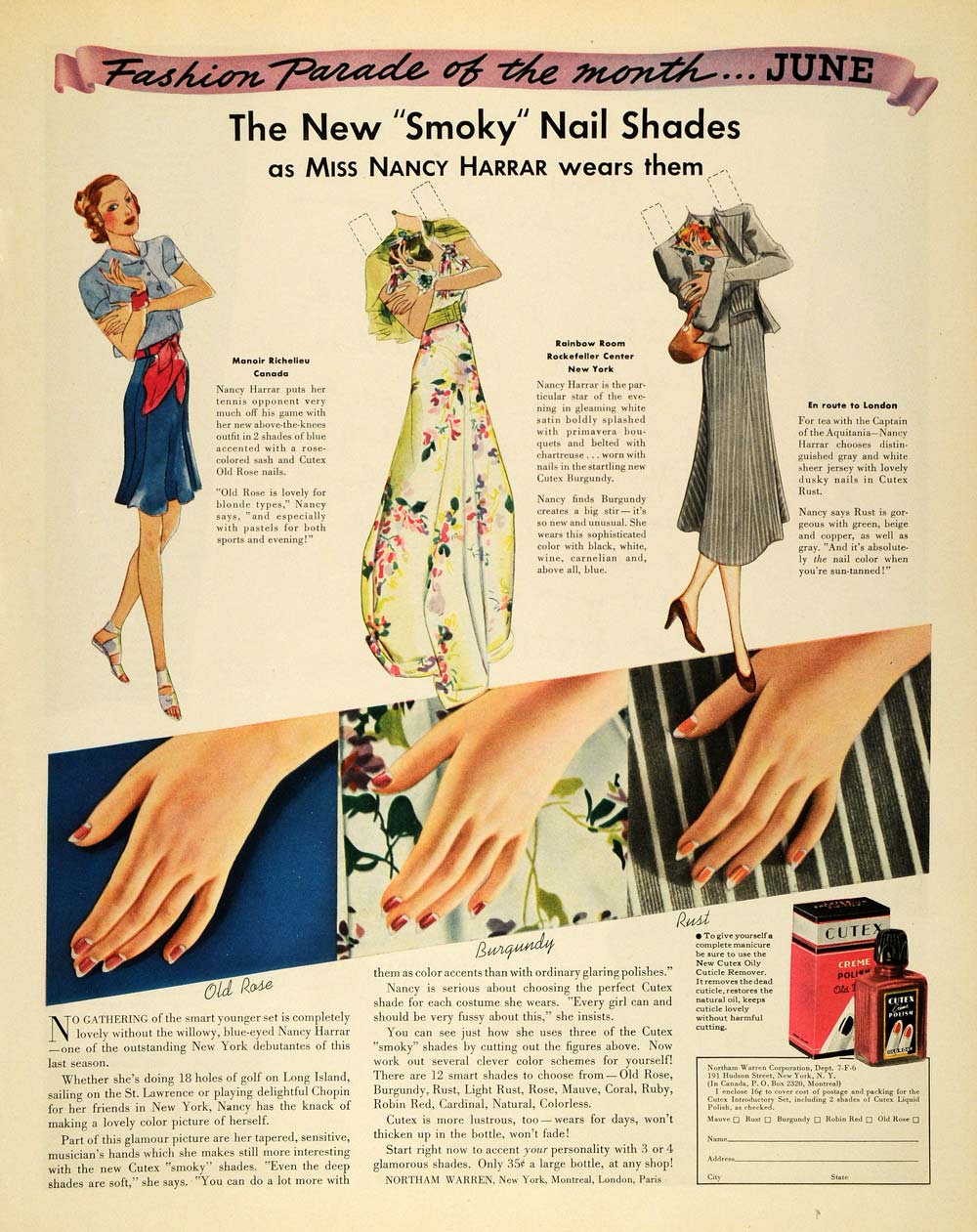1937 Ad Nail Shades Polish Northam Warren Nancy Harrar - ORIGINAL MCC5 ...