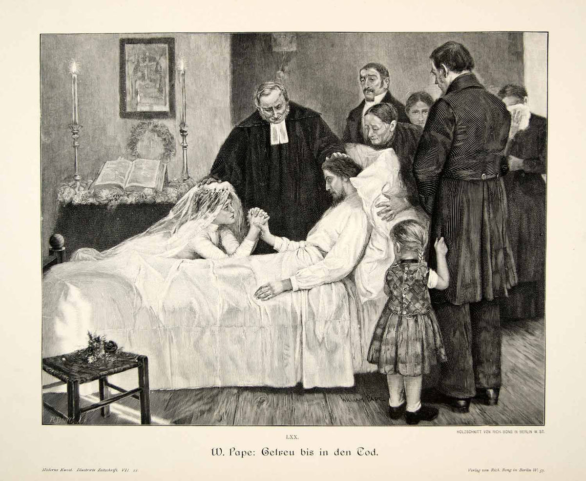 1893 Wood Engraving Marriage William Pape Deathbed Daughter Minister G ...