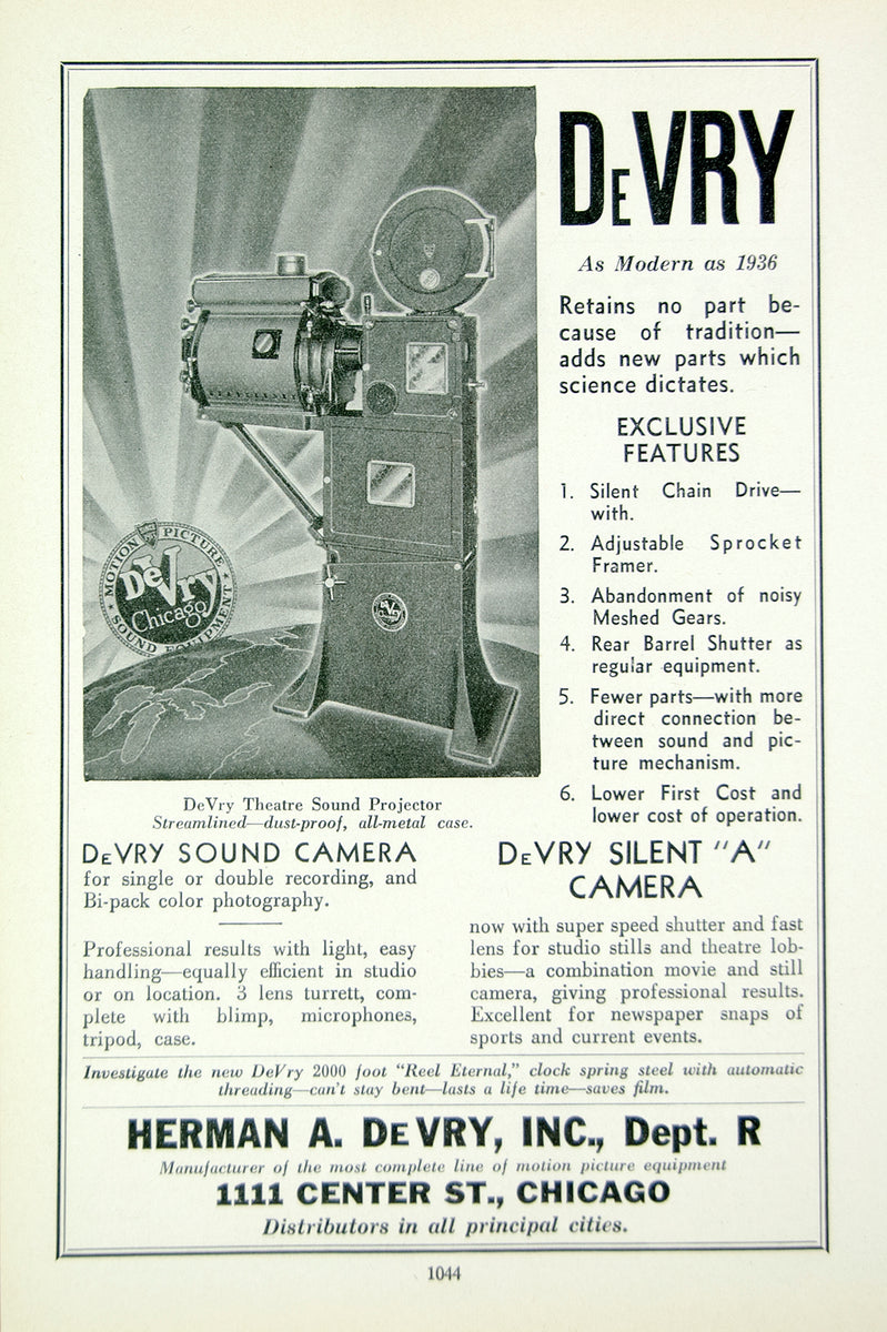 1936 Ad Vintage DeVry Sound Silent Film Camera Theatre Movie Projector ...