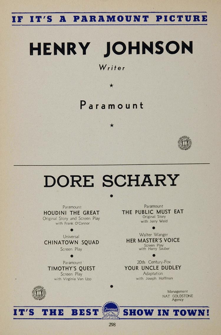 1936 Ad Dore Schary Henry Johnson Paramount Writers - ORIGINAL ADVERTI ...