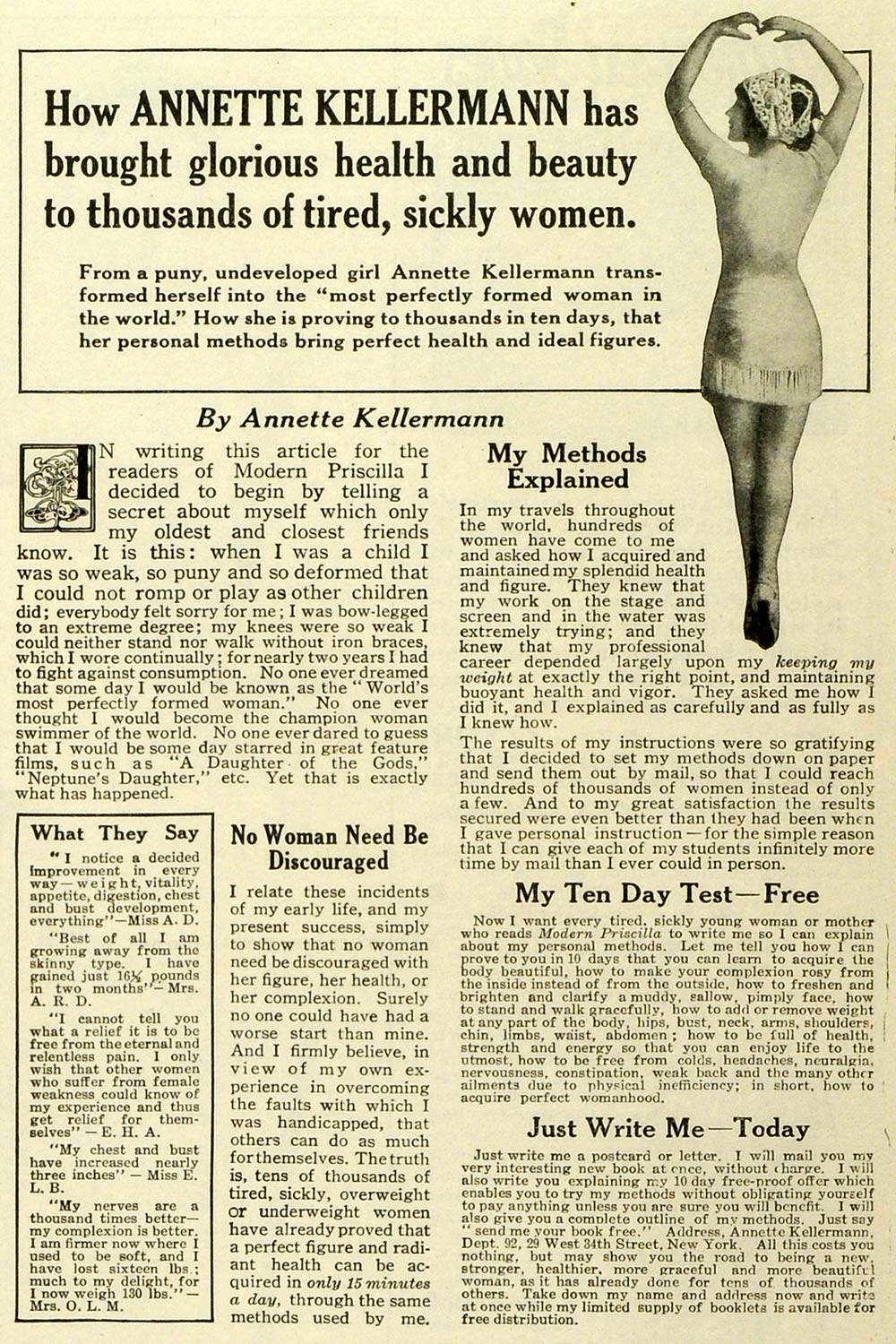 1923 Ad Annette Kellermann Figure Fitness Woman's Health Modern Prisci ...