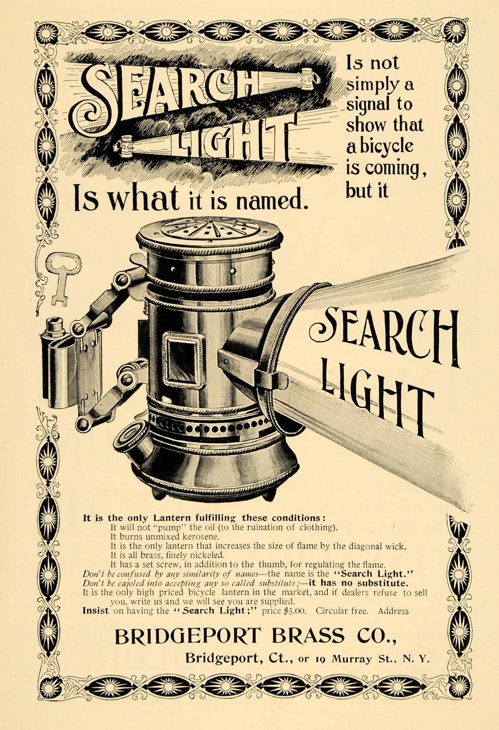 1895 Ad Search Light Bridgeport Brass Company Bicycle - ORIGINAL MUN1 ...