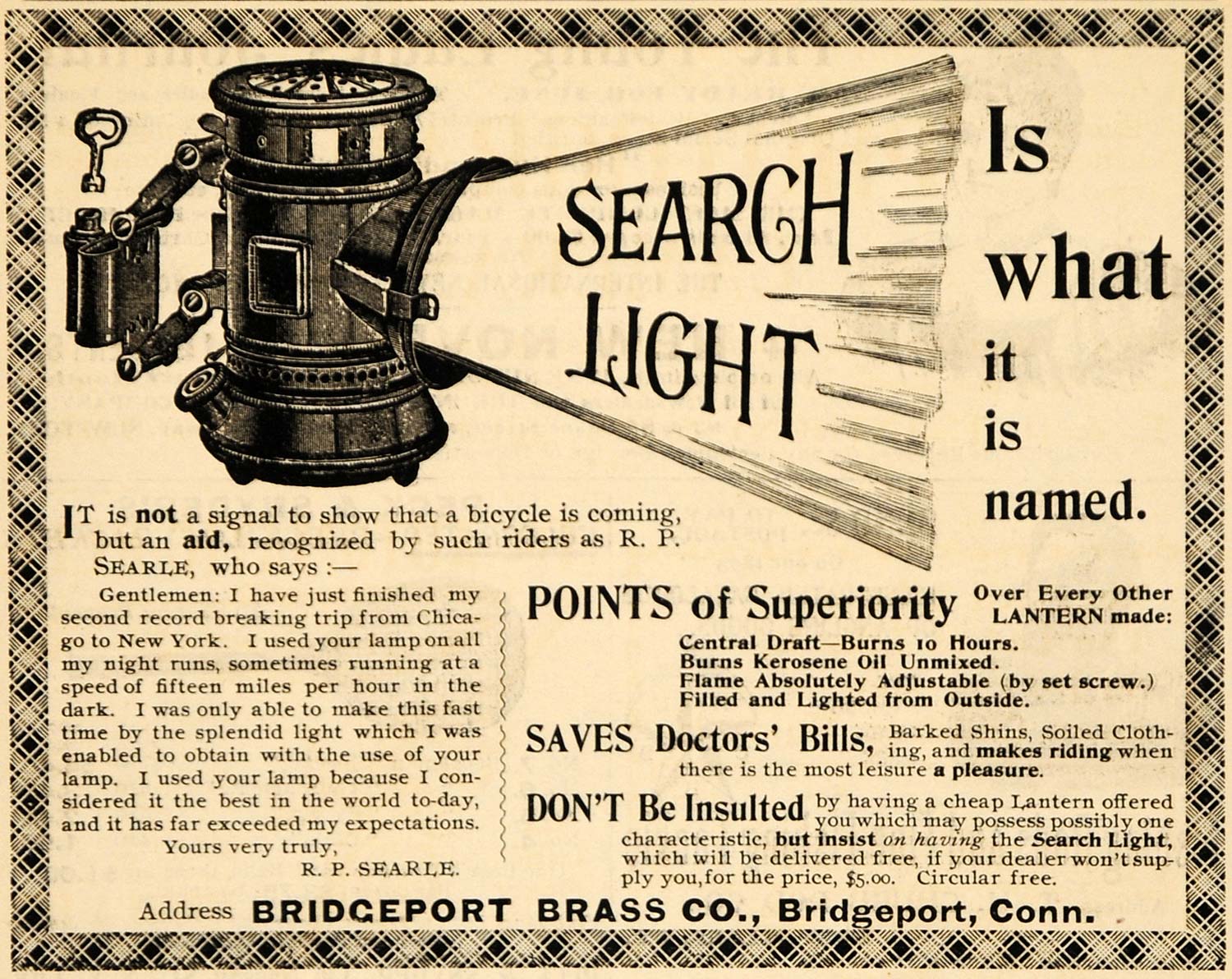 1895 Ad Search Light Bicycle Accessory Bridgeport Brass - ORIGINAL MUN ...
