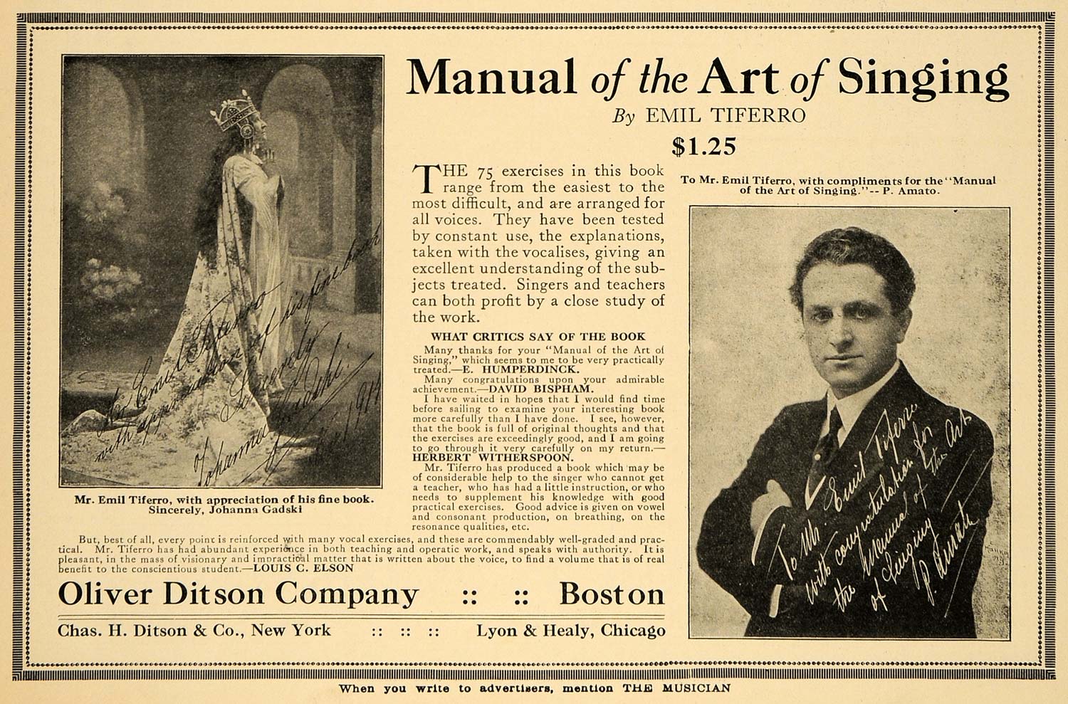 1915 Ad Emil Tiferro Manual Art Singing Oliver Ditson - ORIGINAL MUS1 ...