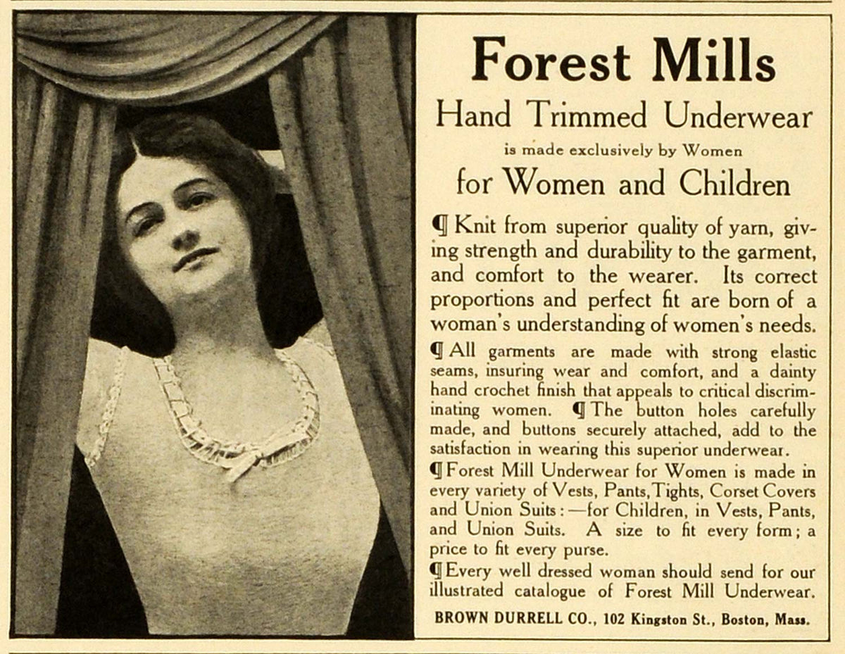 1906 Ad Brown Durrell Co Forest Mills Hand Trimmed Underwear Woman Gar ...