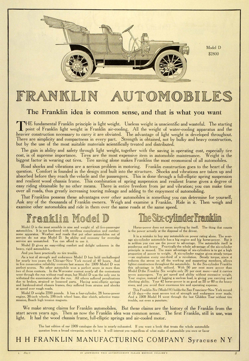 1909 Ad Six Cylinder Antique Franklin Model D Convertible Car Specific ...