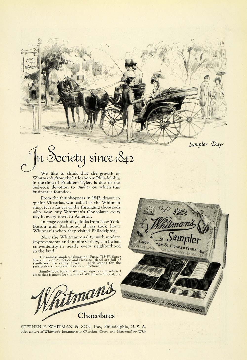 1923 Ad Stephen F. Whitmans Sampler Chocolate Candy Box Confections NG ...