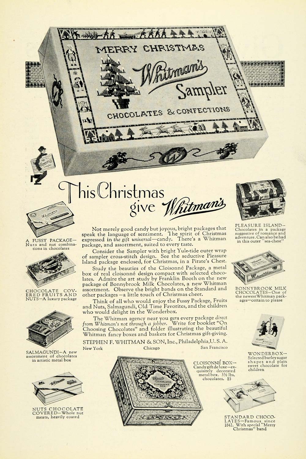 1925 Ad Christmas Confection Whitmans Sampler Chocolates Stephen F Son ...