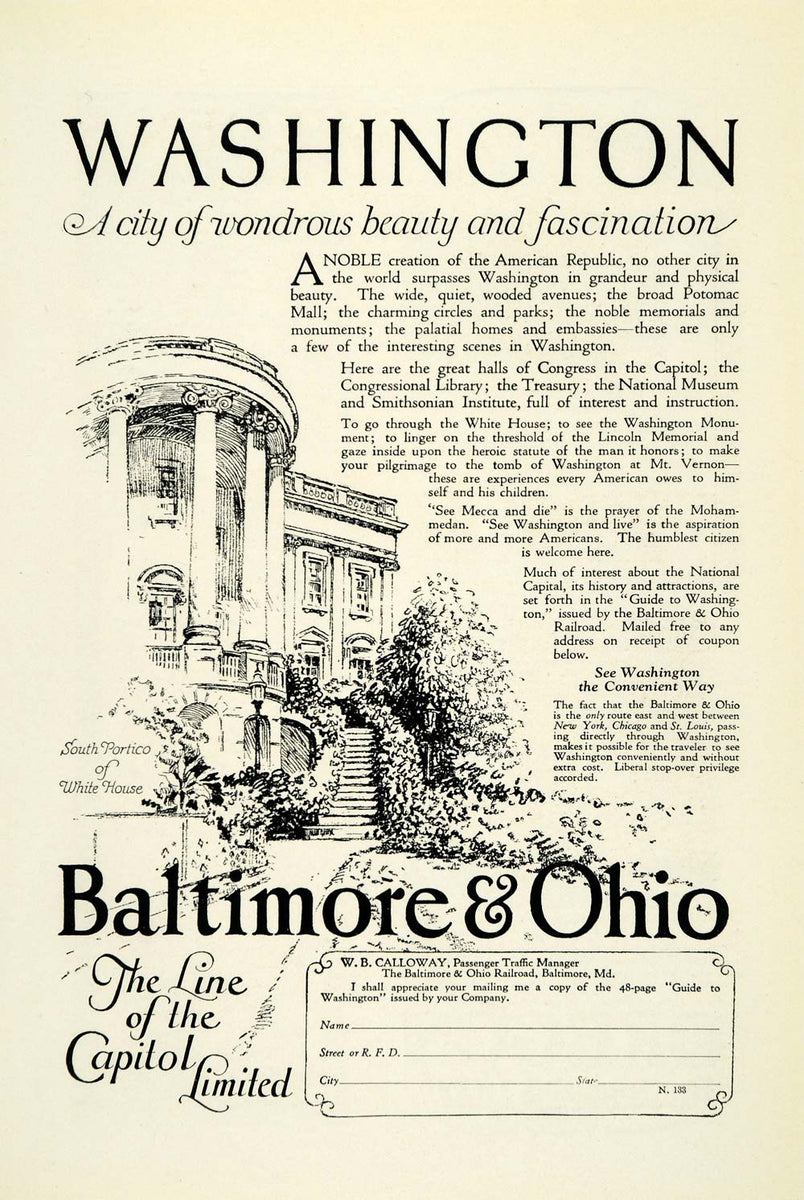 1924 Ad Baltimore Ohio Railway Train Travel Tourism White House South ...