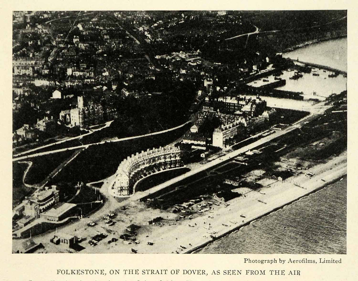 1921 Print Birds Eye Aerial View Folkstone Strait Dover England Citysc ...