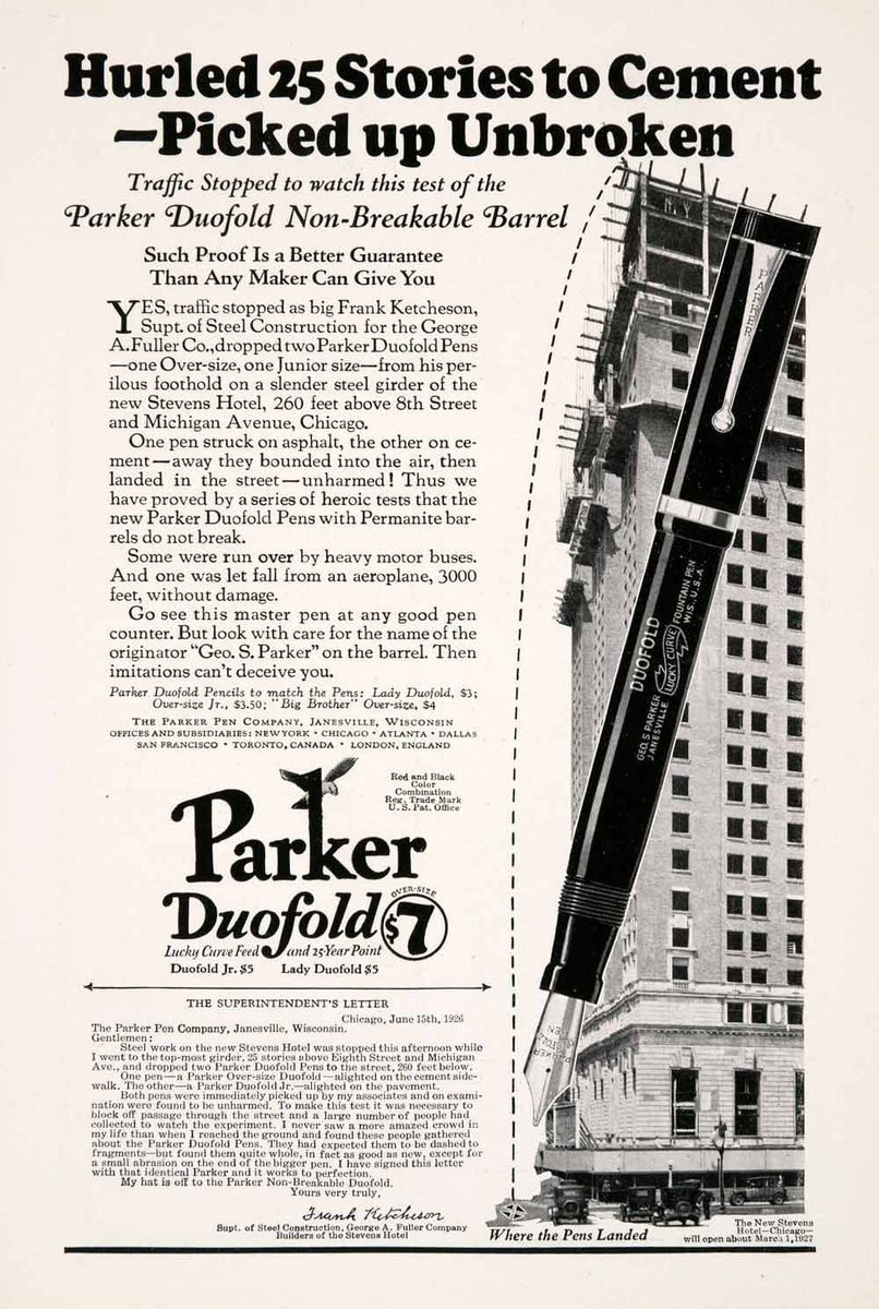 1926 Ad Parker Duofold Ketcheson George Fuller Pen Janesville Stevens ...